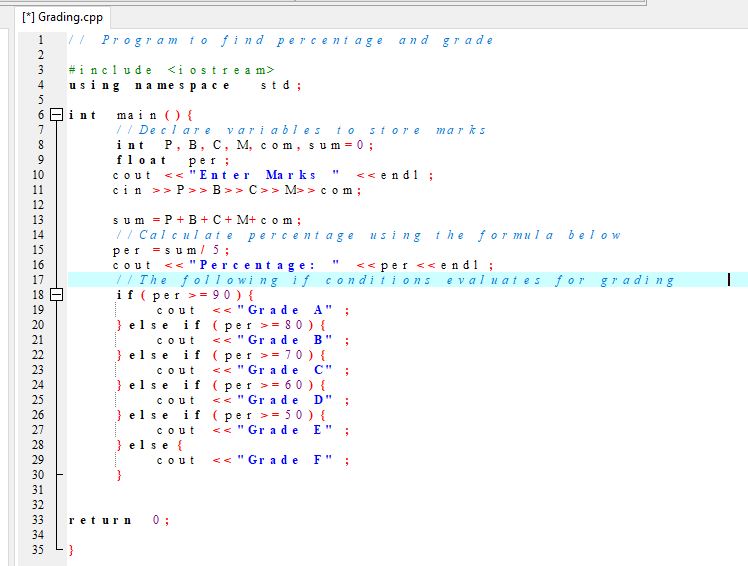 C++ program to input marks of five subjects and find percentage and ...